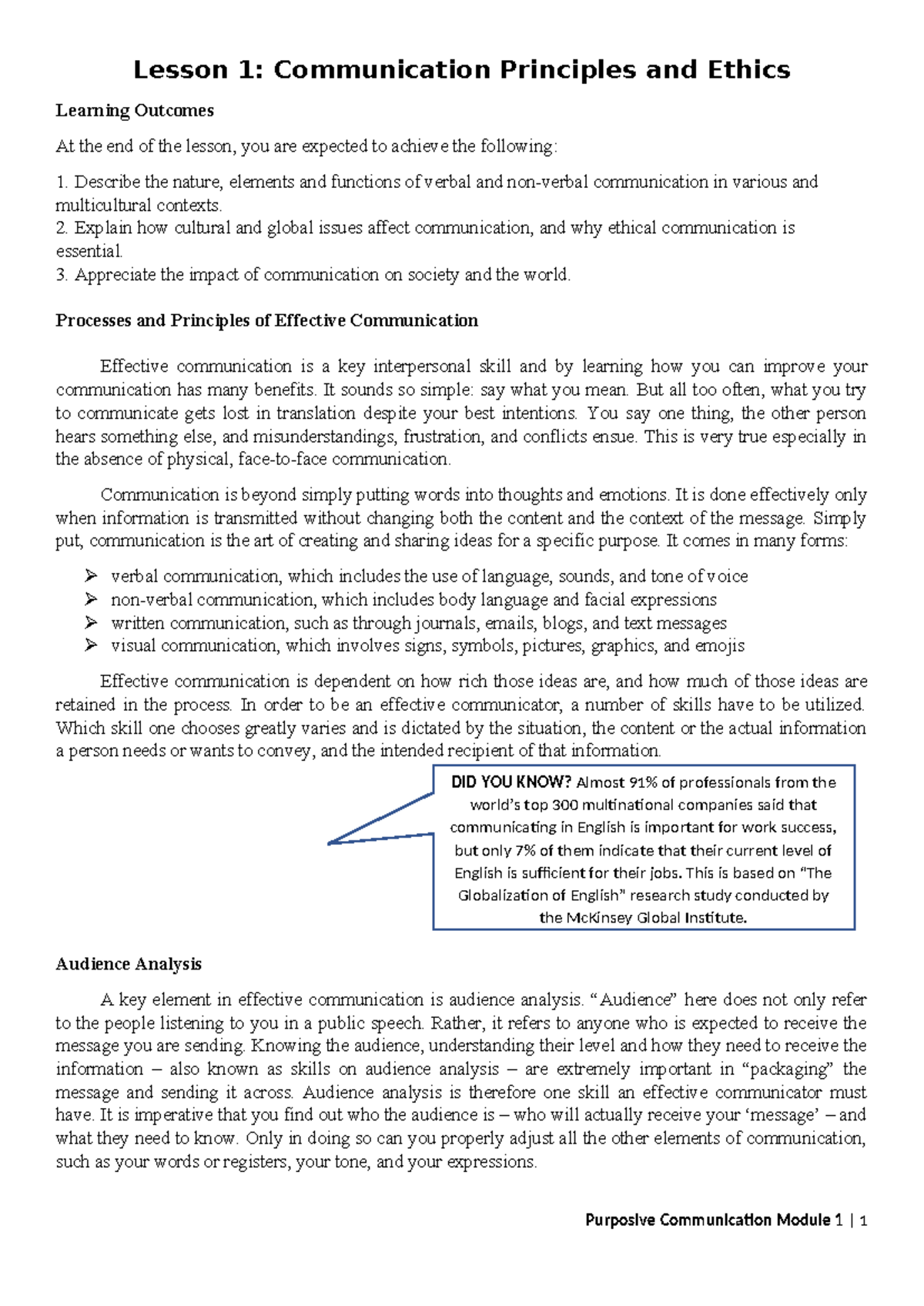 Purposive Communication Module 1 - Lesson 1: Communication Principles and Ethics Learning ...