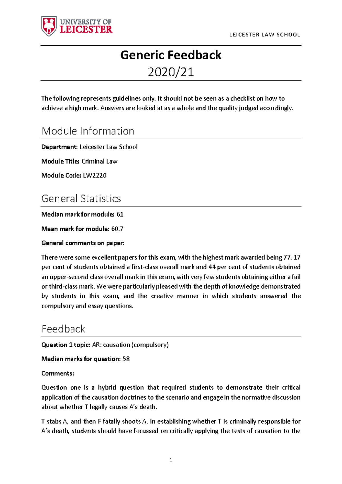 LW2220 Criminal Law Generic Feedback Midsummer 2021 - Generic Feedback ...