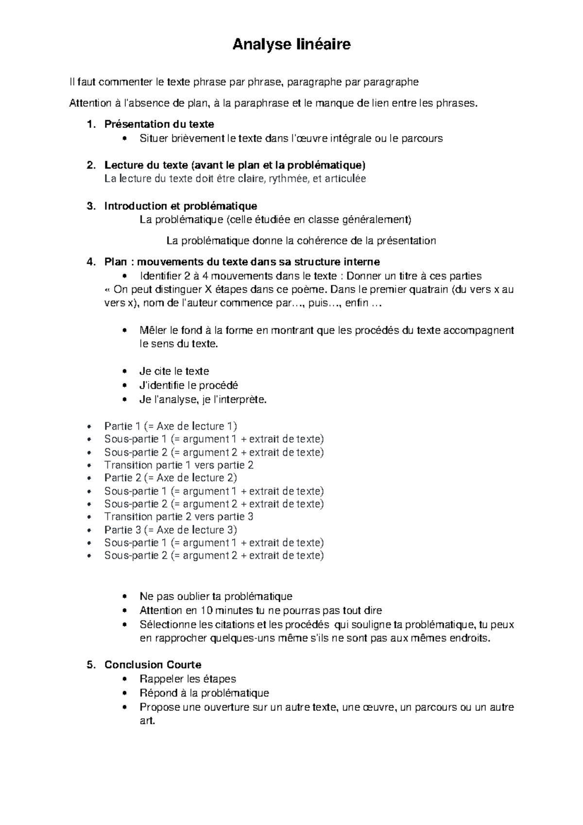 Analyse Linéaire - FICHE - Analyse linéaire Il faut commenter le texte ...