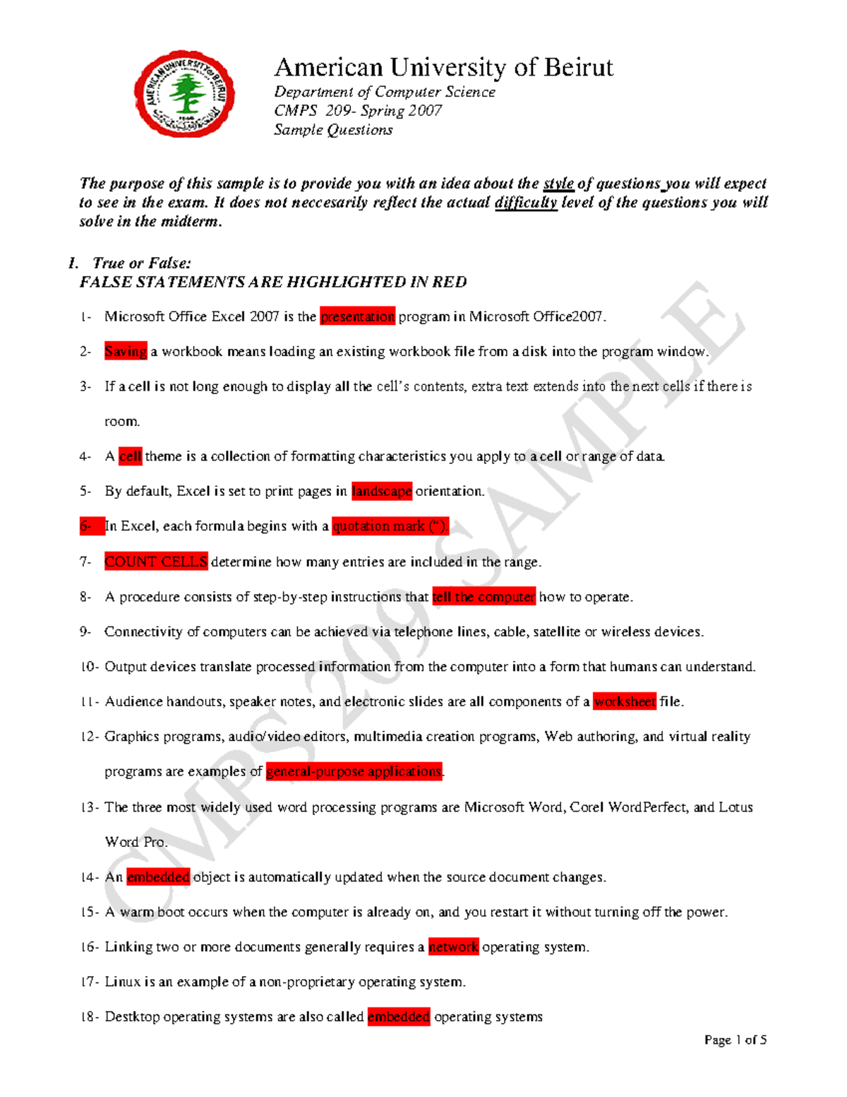 200-Sample Midterm Questions - American University of Beirut Department ...