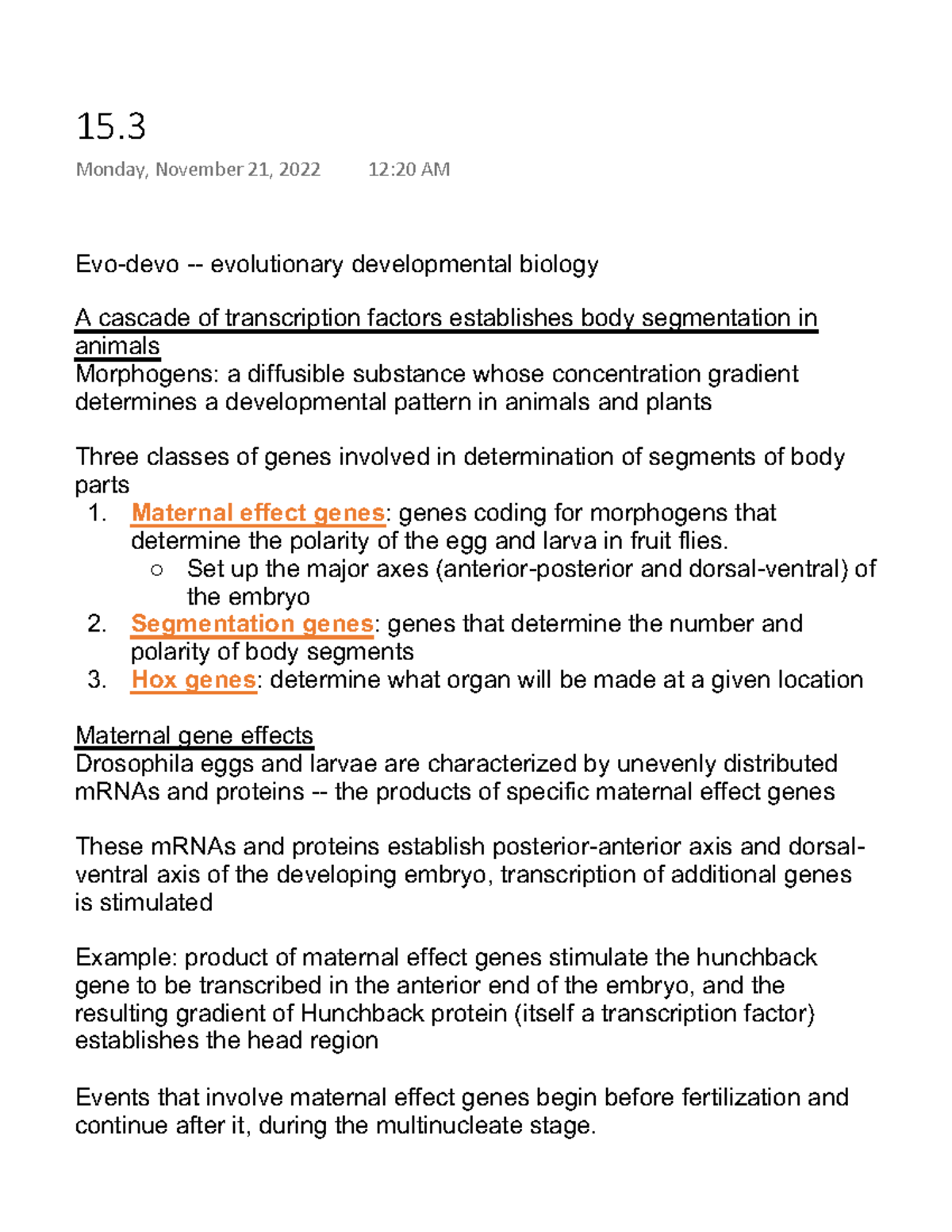 15 - Chapter 15.3 Reading notes - Evo-devo - evolutionary developmental ...