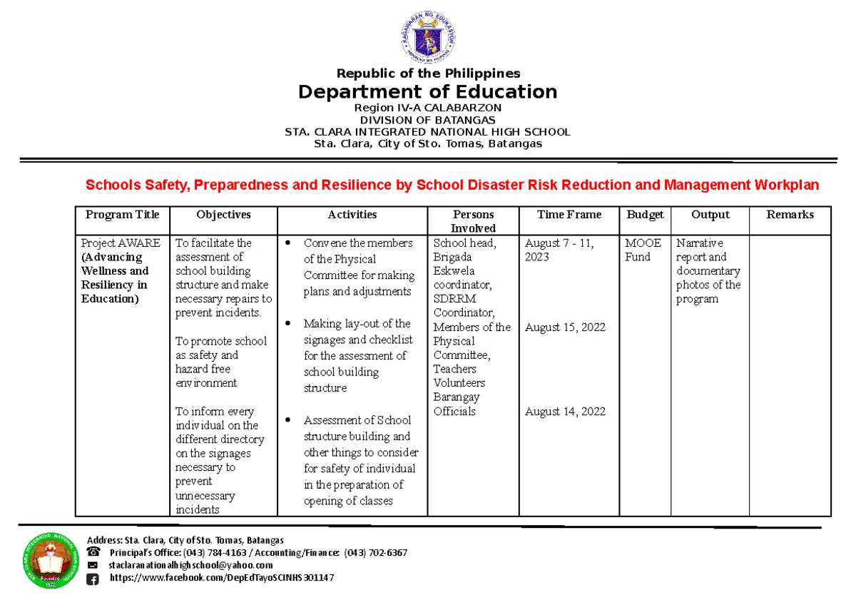 DRRM Action PLAN - drrm - Schools Safety, Preparedness and Resilience ...