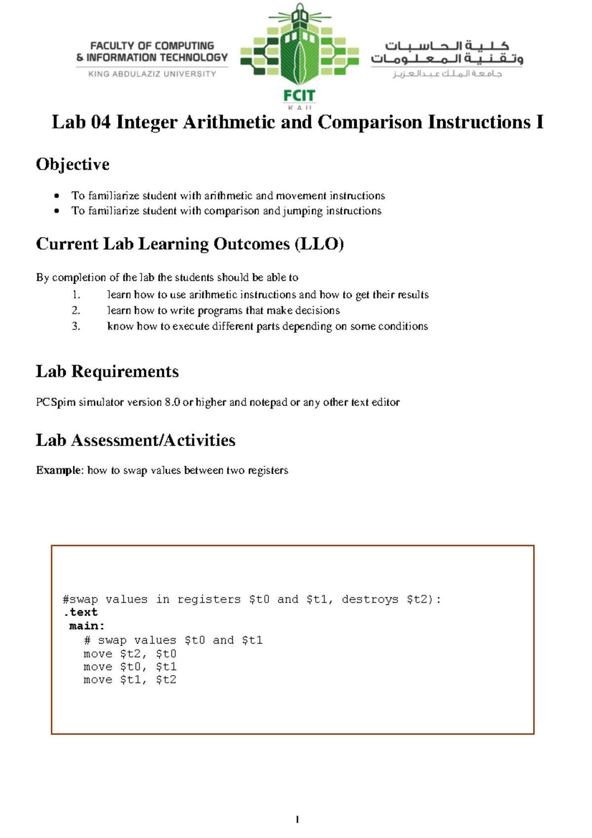 CPCS214 Lab04 - sdf - 1 Lab 04 Integer Arithmetic and Comparison Instructions I Objective To ...