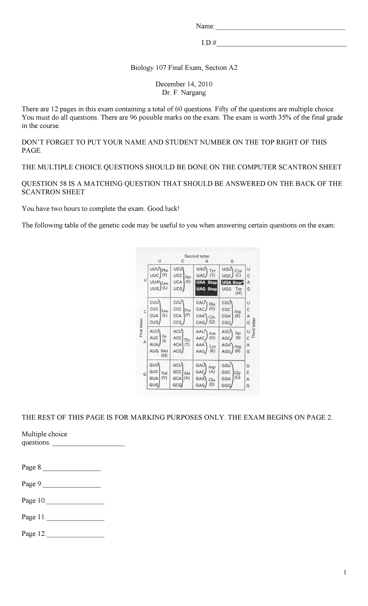 Final Exam 17 Fall 2010, questions and answers - Biology 107 Final Exam ...