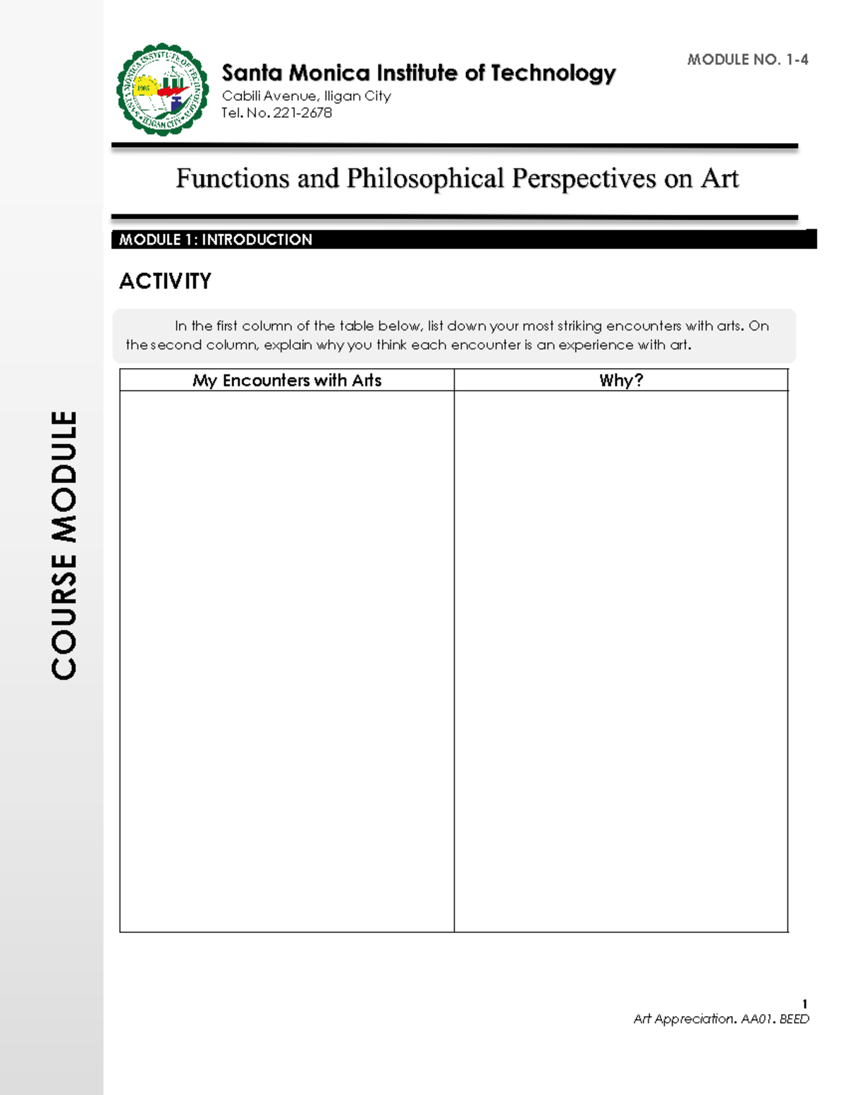 AA01-Module-1-4-Worksheet module oka - 1 COURSE MODULE ####### MODULE 1 ...