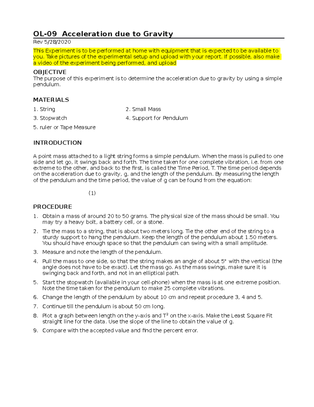 OL-09 Finding 'g' by pendulum - OL-09 Acceleration due to Gravity Rev 5 ...