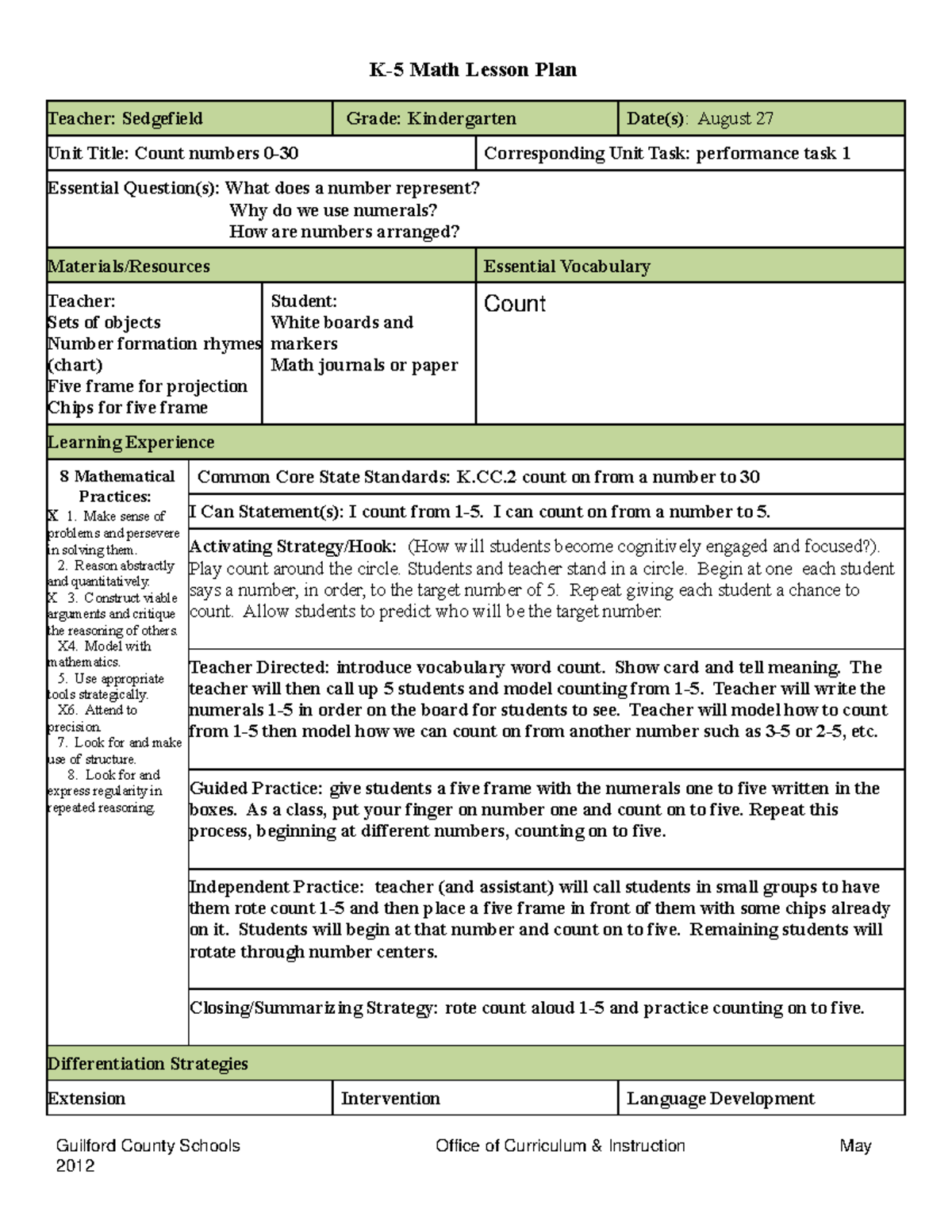 Unit 6 Task1e - K-5 Math Lesson Plan Teacher: Sedgefield Grade ...