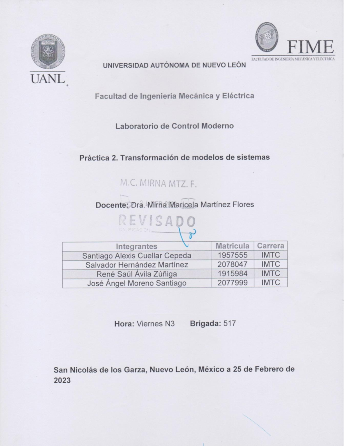 Práctica 2 1957555 - Reporte de la paractica 2 de control - Control Moderno Y Laboratorio - Studocu