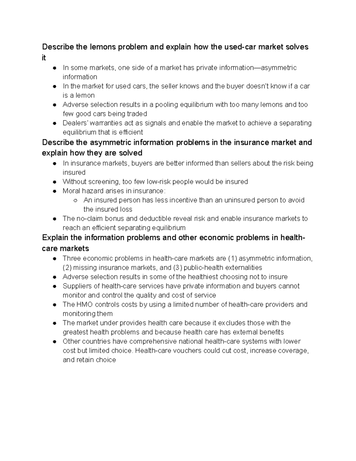 Microeconomics Chapter 12 Summary - Describe the lemons problem and ...
