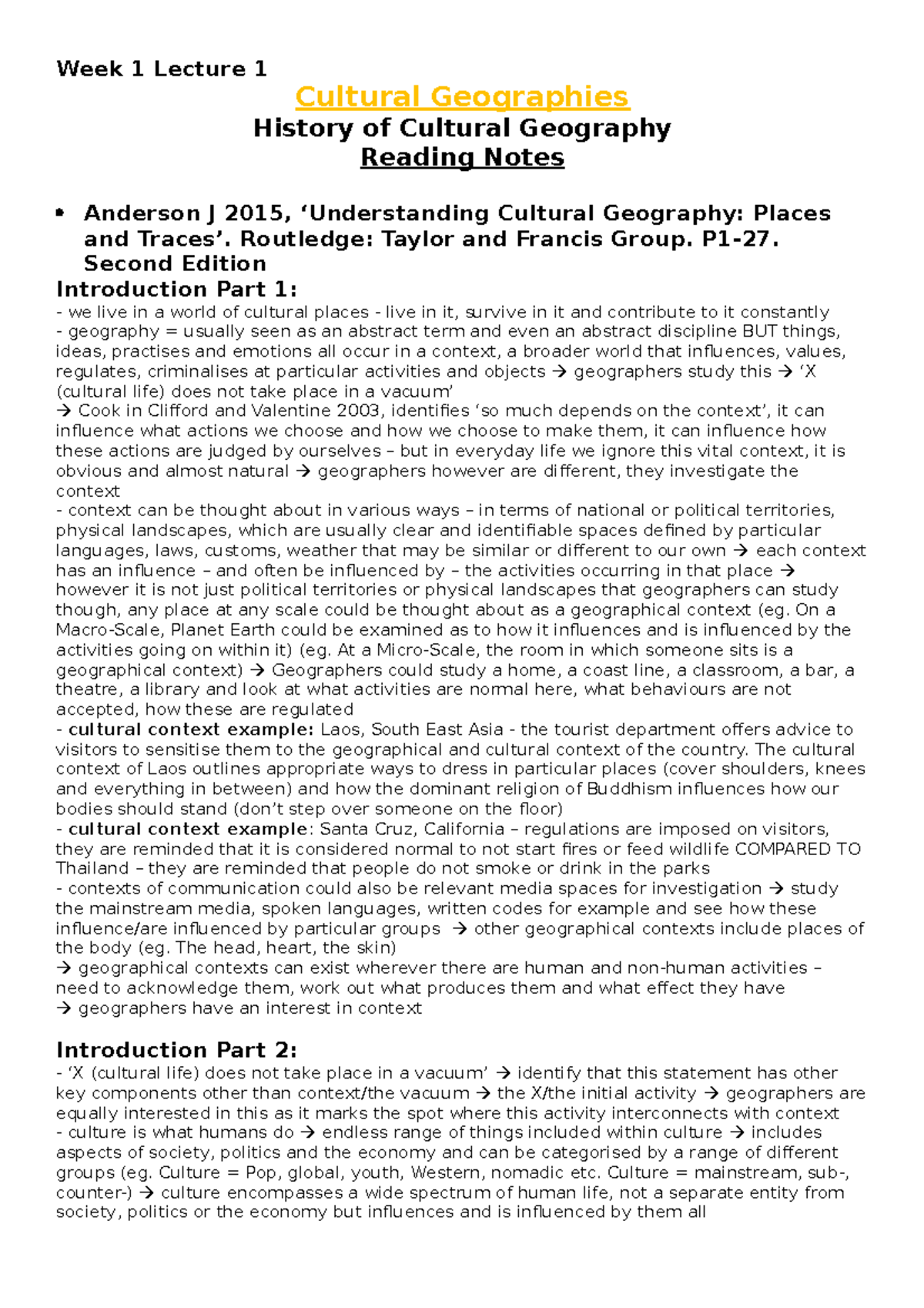 Week 1 Lecture 1 reading notes - Week 1 Lecture 1 Cultural Geographies ...