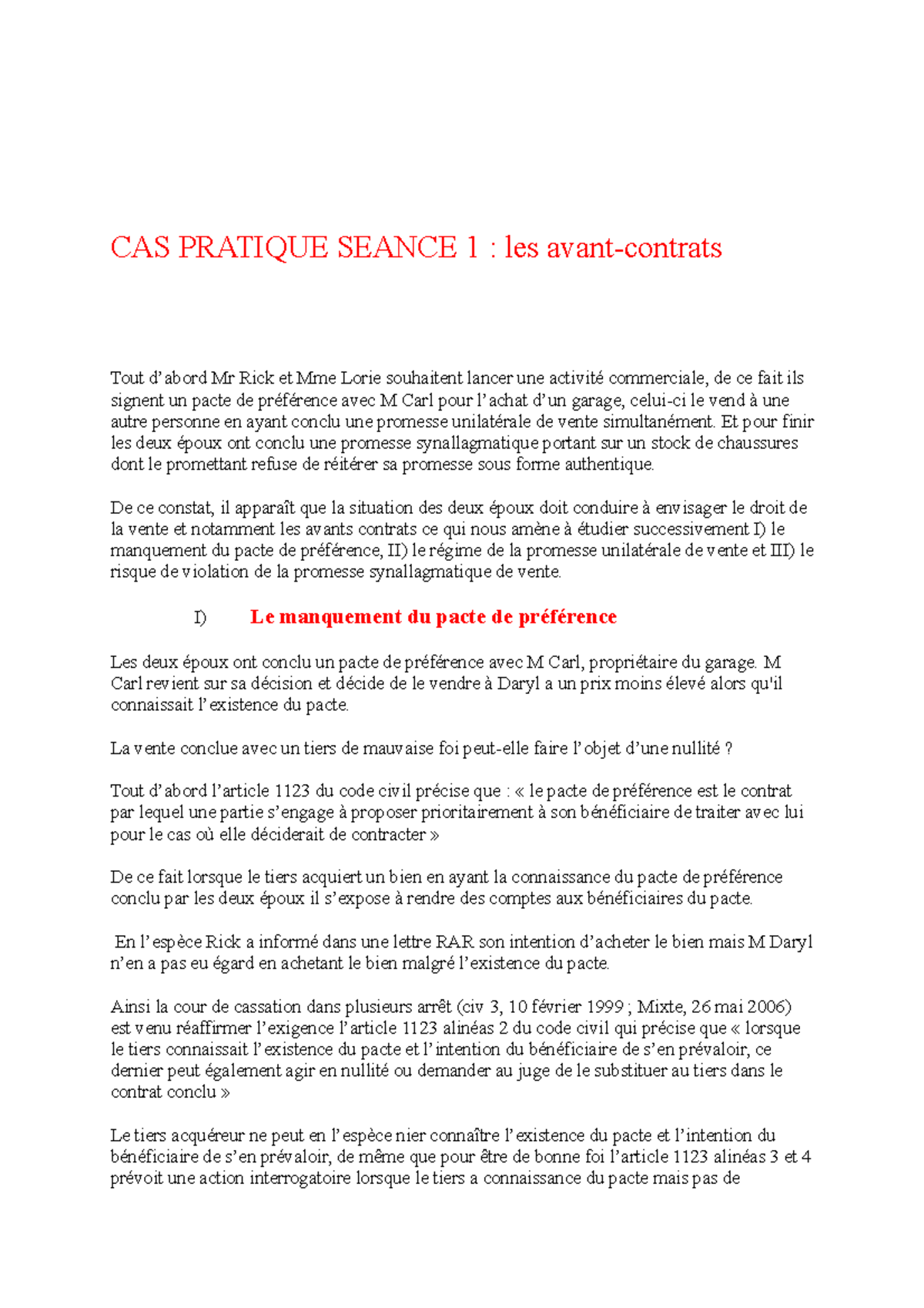 CAS pratique séance 1 - CAS PRATIQUE SEANCE 1 : les avant-contrats Tout ...