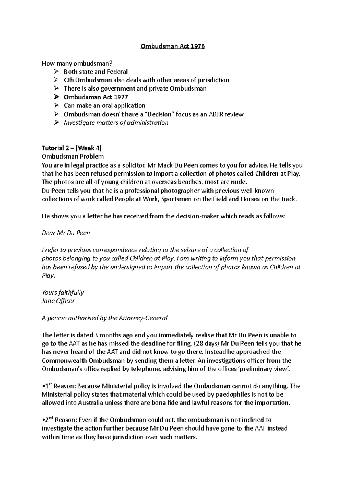Admin tutorial 2 - Summary of Class Material - Ombudsman Act 1976 How ...