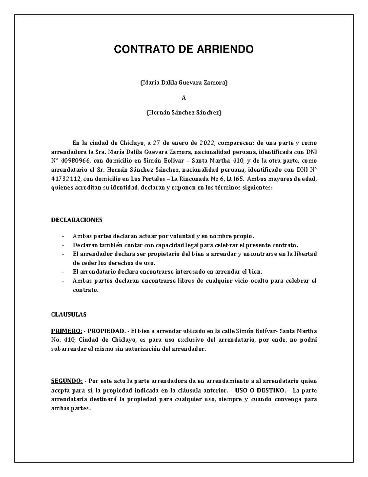 Contrato De Arriendo De Casa