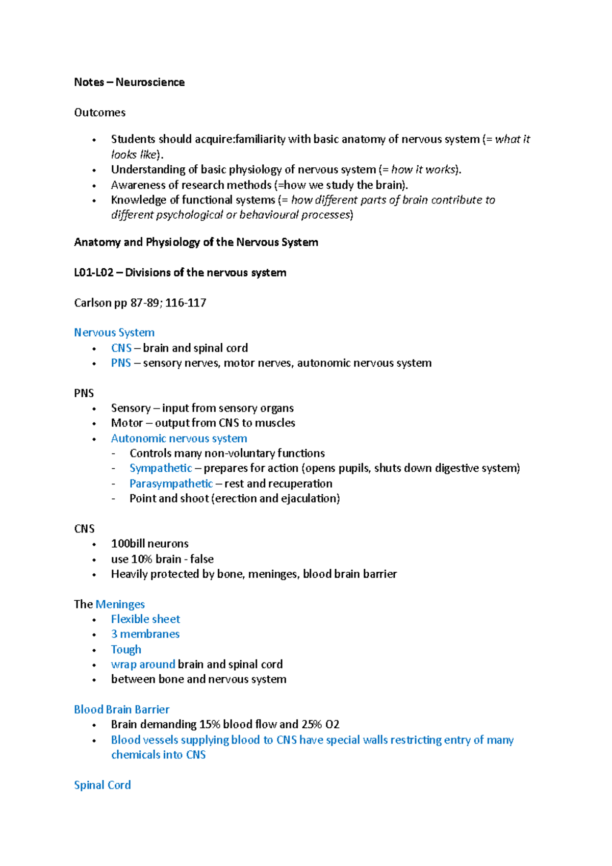 Summary - neuroscience - Notes Neuroscience Outcomes Students should ...