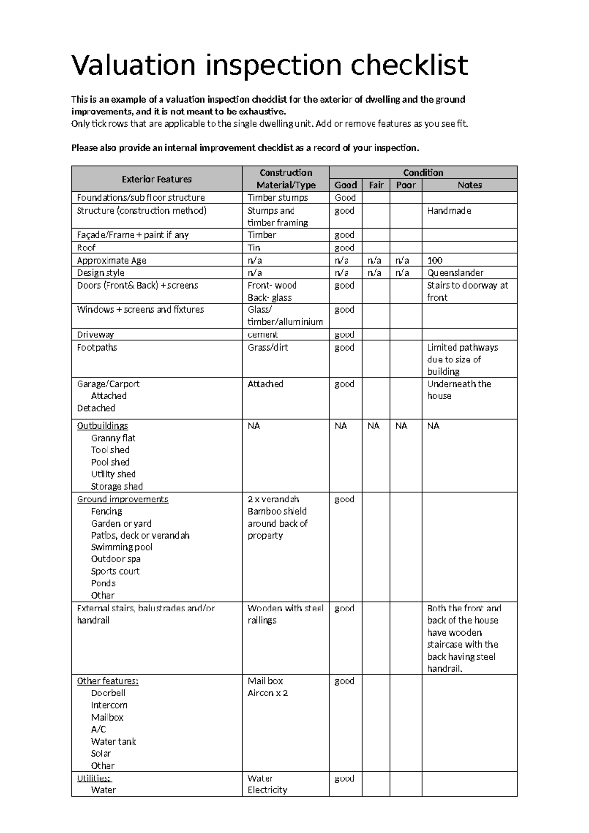 A2 External Inspection Checklist-2 - Valuation inspection checklist ...