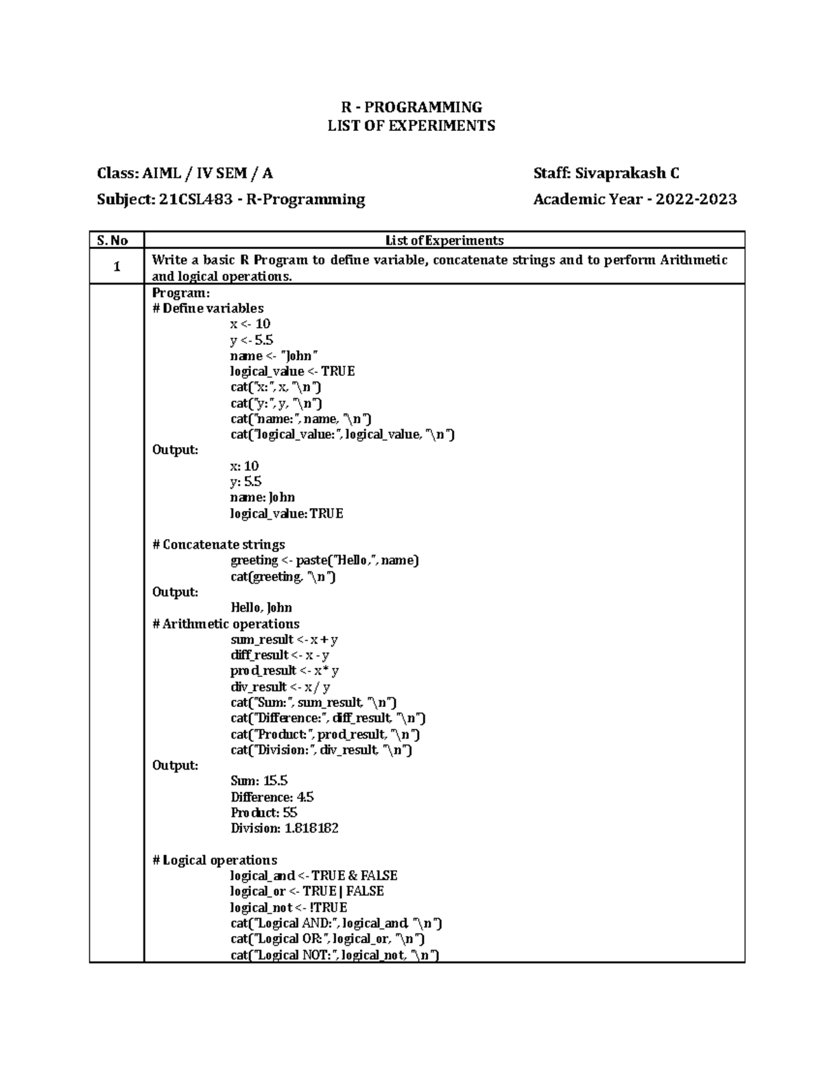 R - Lab - List of Experiments - R - PROGRAMMING LIST OF EXPERIMENTS S. No List of Experiments 1 ...