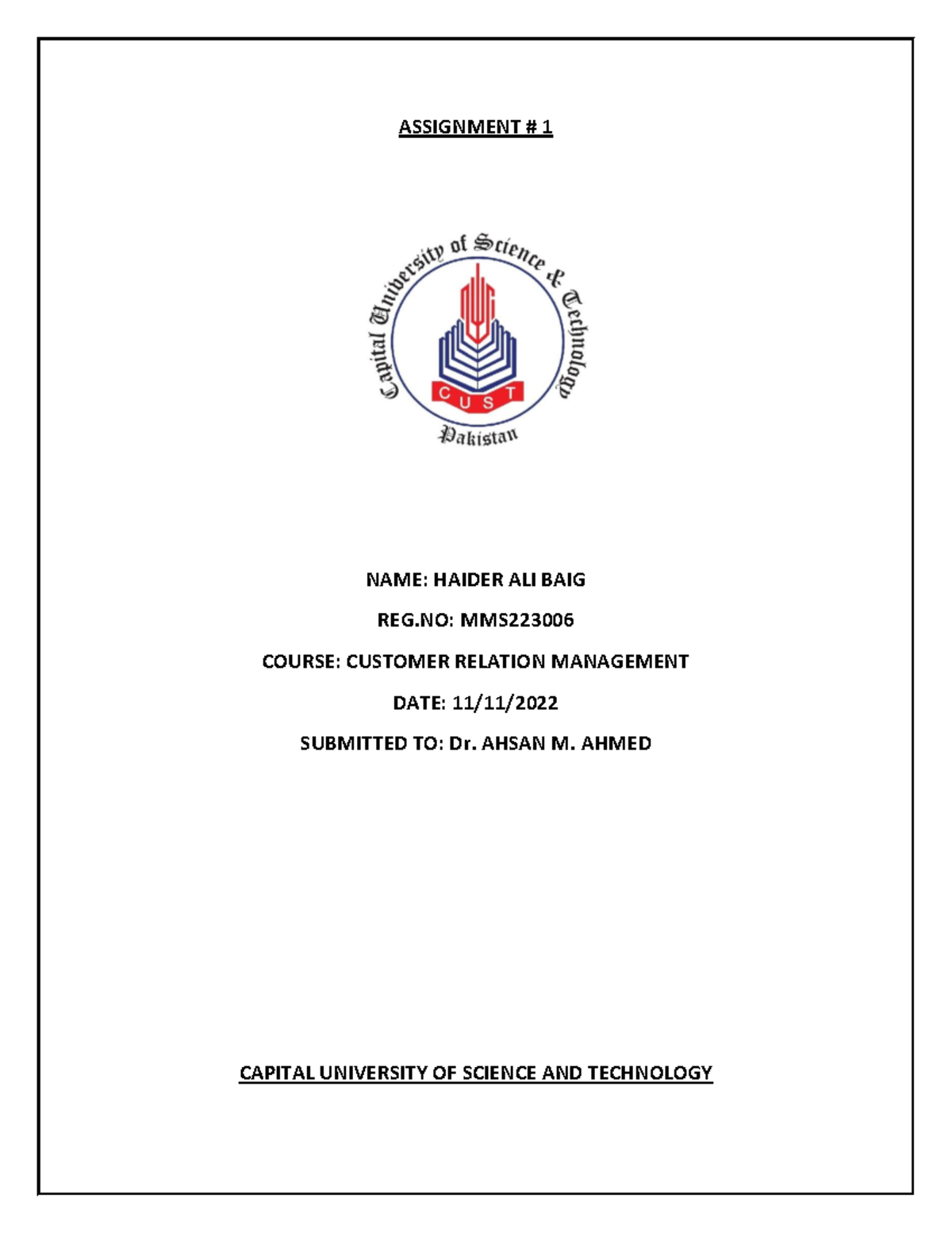 Haider Ali Baig Crm Assignment 1 Assignment 1 Name Haider Ali Baig Reg Mms Course