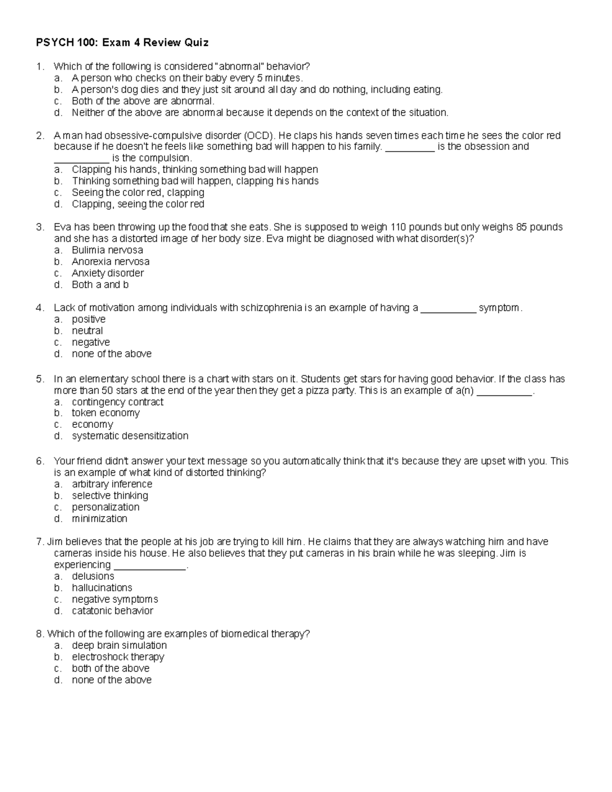 PSYCH 100 Exam 4 Review-1 - PSYCH 100: Exam 4 Review Quiz Which of the ...