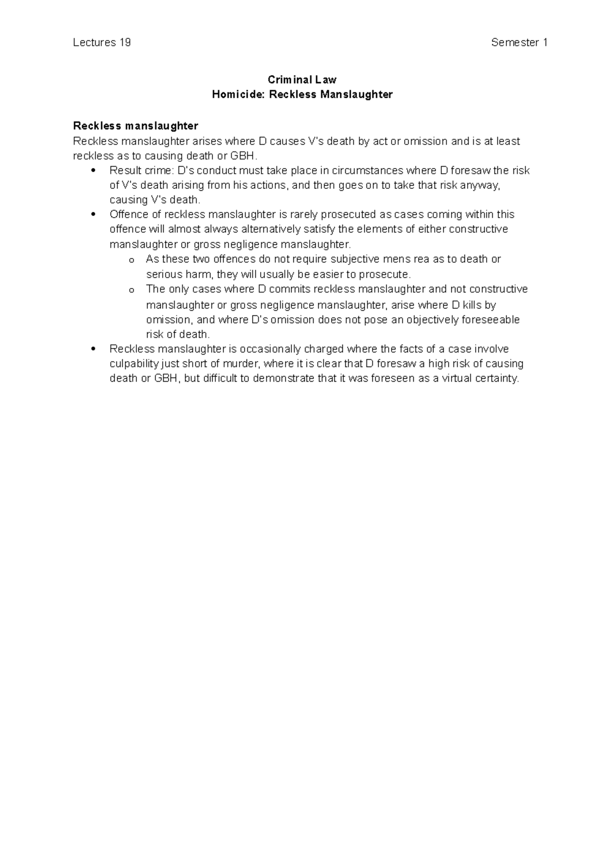 Homicide - Reckless Manslaughter - Lectures 19 Semester 1 Criminal Law ...
