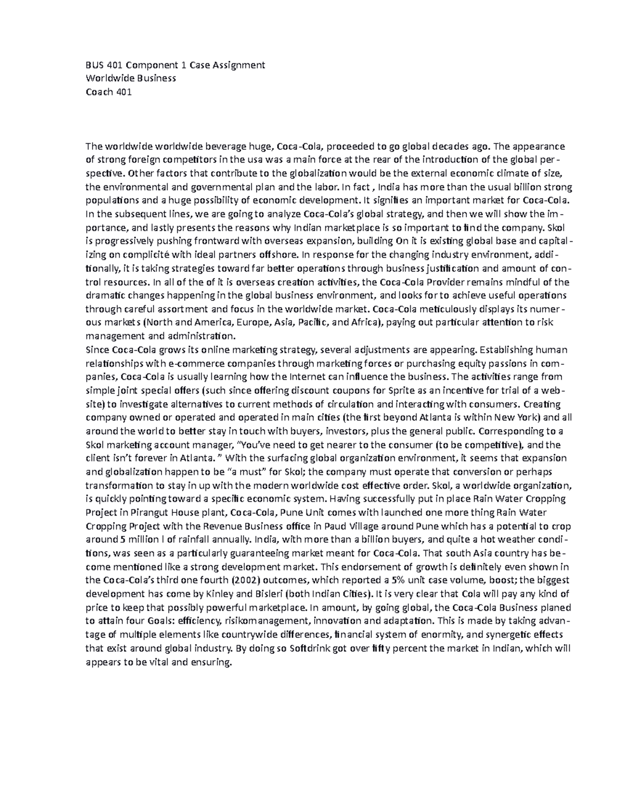 BUS 599 Module 1 Case Assignment 1 - BUS 401 Component 1 Case ...