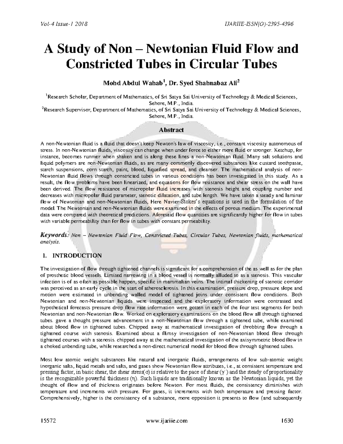 A Study of Non – Newtonian Fluid Flow and Constricted Tubes in Circular ...
