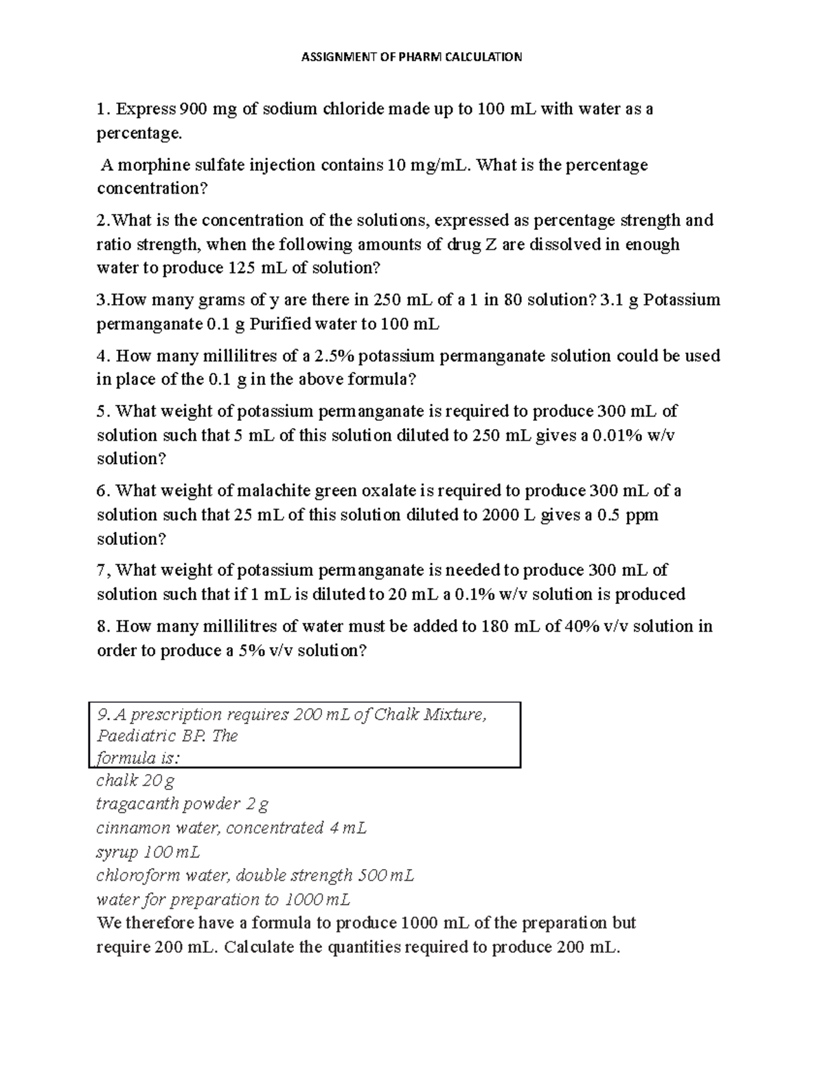 Assignmant - Pharmacalculation assignment - ASSIGNMENT OF PHARM ...