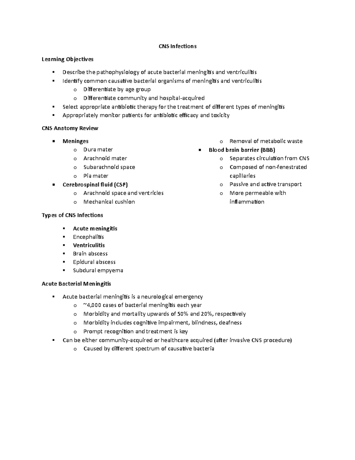 CNS Infections - Summarize notes from lecture and PowerPoint - CNS ...