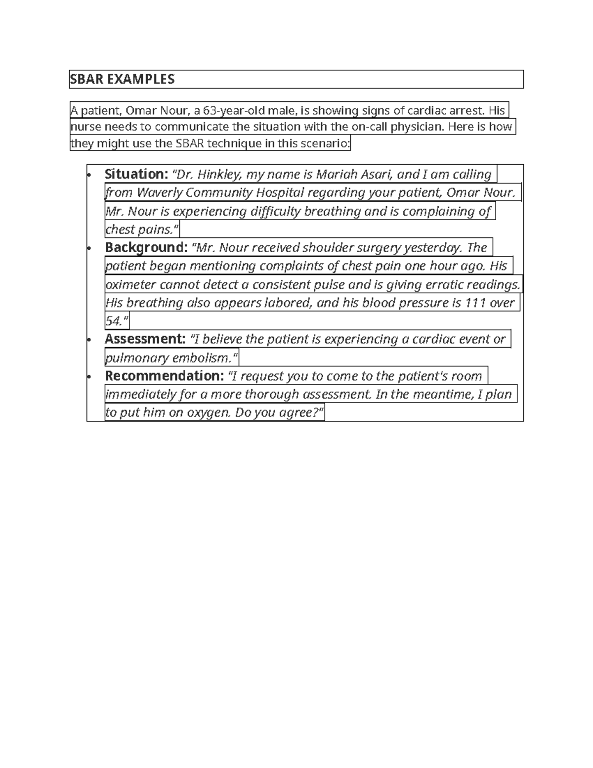 SBAR Examples - SBAR EXAMPLES A patient, Omar Nour, a 63-year-old male ...