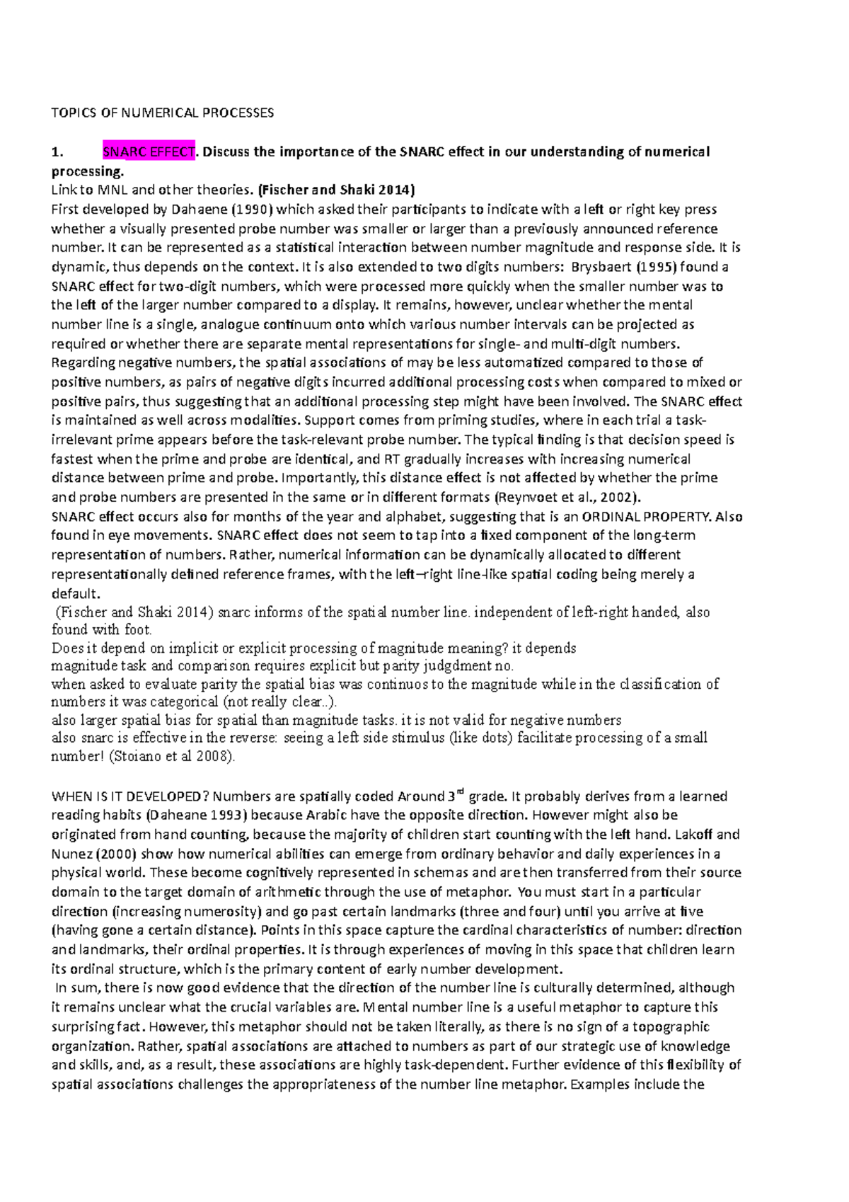 Topics Of Numerical Cognitions - TOPICS OF NUMERICAL PROCESSES 1. SNARC ...
