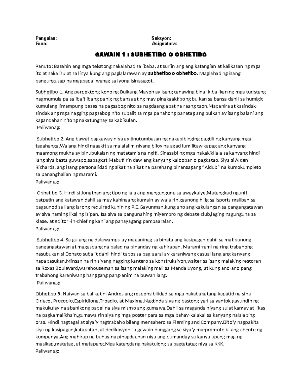 Actpagsulatupdated - eeee - Pangalan: Seksyon: Guro: Asignatura: GAWAIN ...