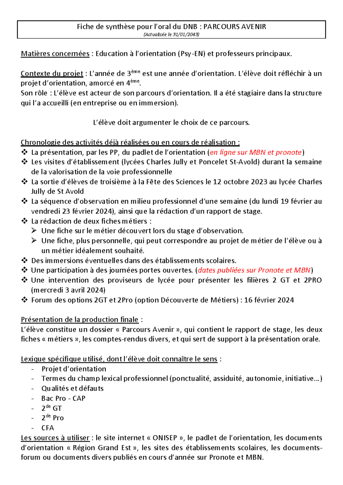 Fiche Parcours Avenir 23-24 - Fiche de synthèse pour l’oral du DNB ...