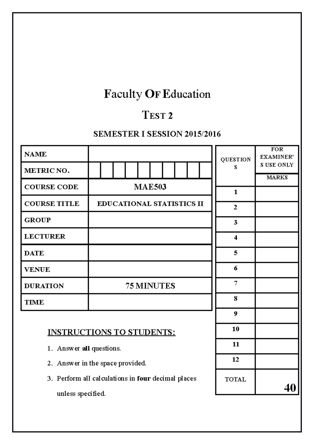 Sample/practice exam September 2011, questions and answers - Faculty OF ...