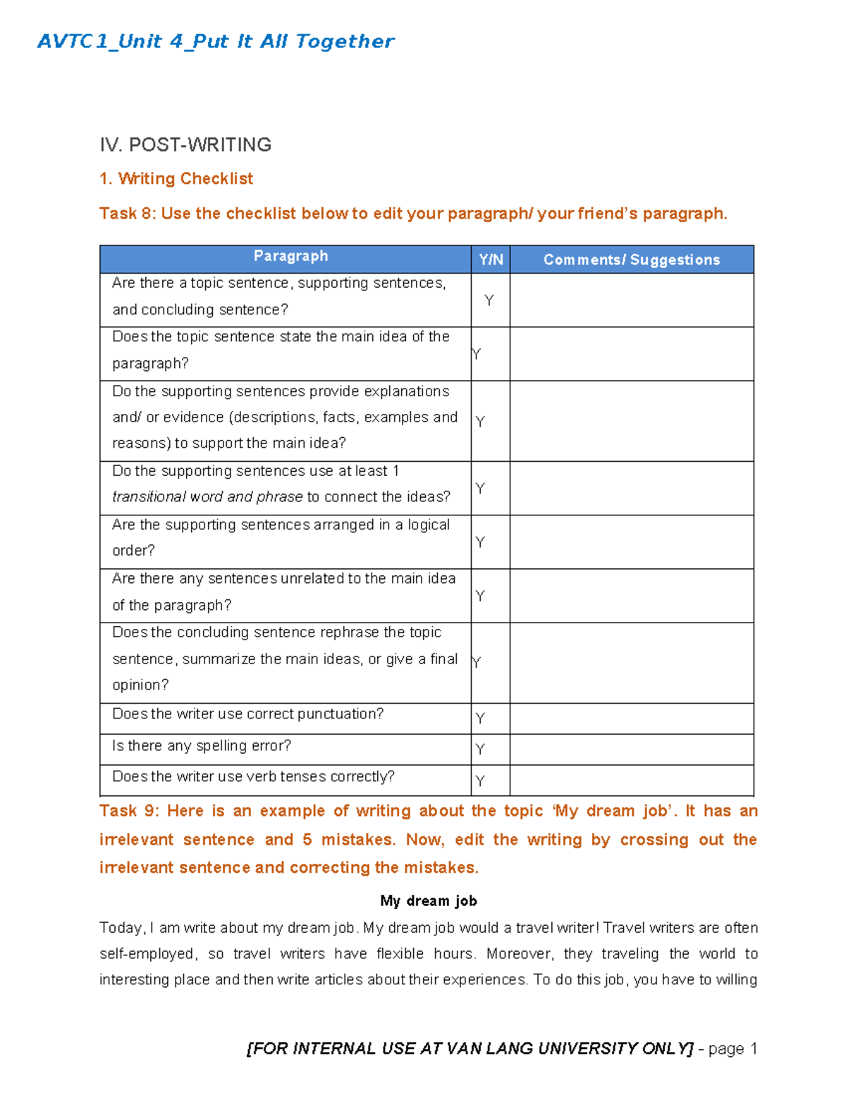 [Official] AVTC1 - Unit 4 - Write a complete paragraph - After class ...