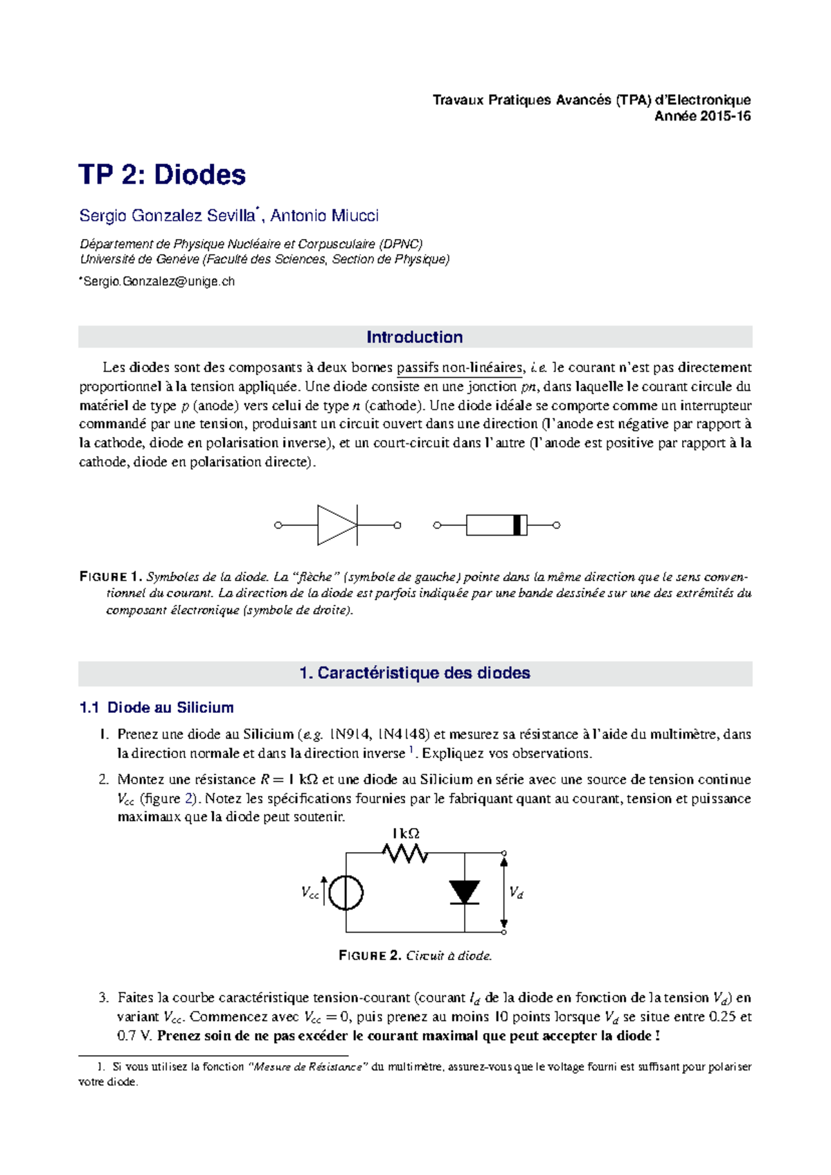 TP2 - fsa - Travaux Pratiques Avanc ́es (TPA) d’Electronique Ann ́ee 2015- TP 2: Diodes Sergio ...