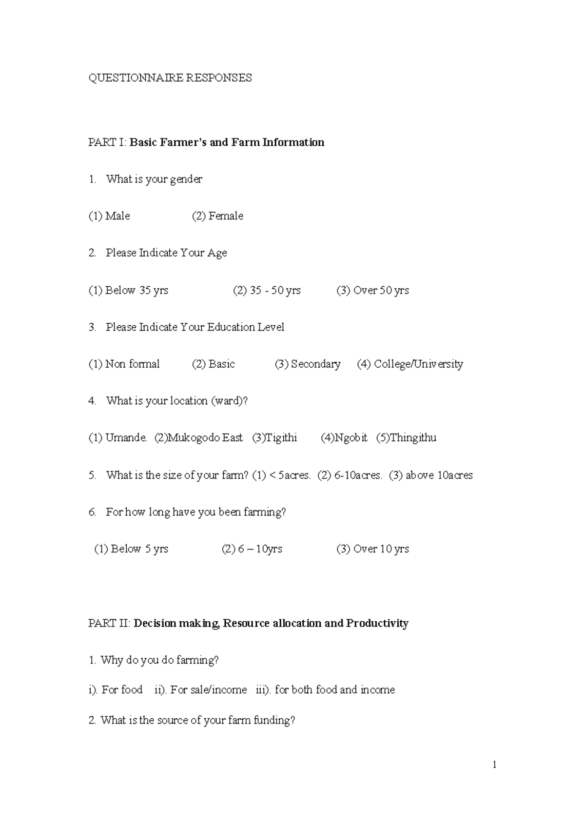 Sample Research Questionnaire 2 - 1 QUESTIONNAIRE RESPONSES PART I ...