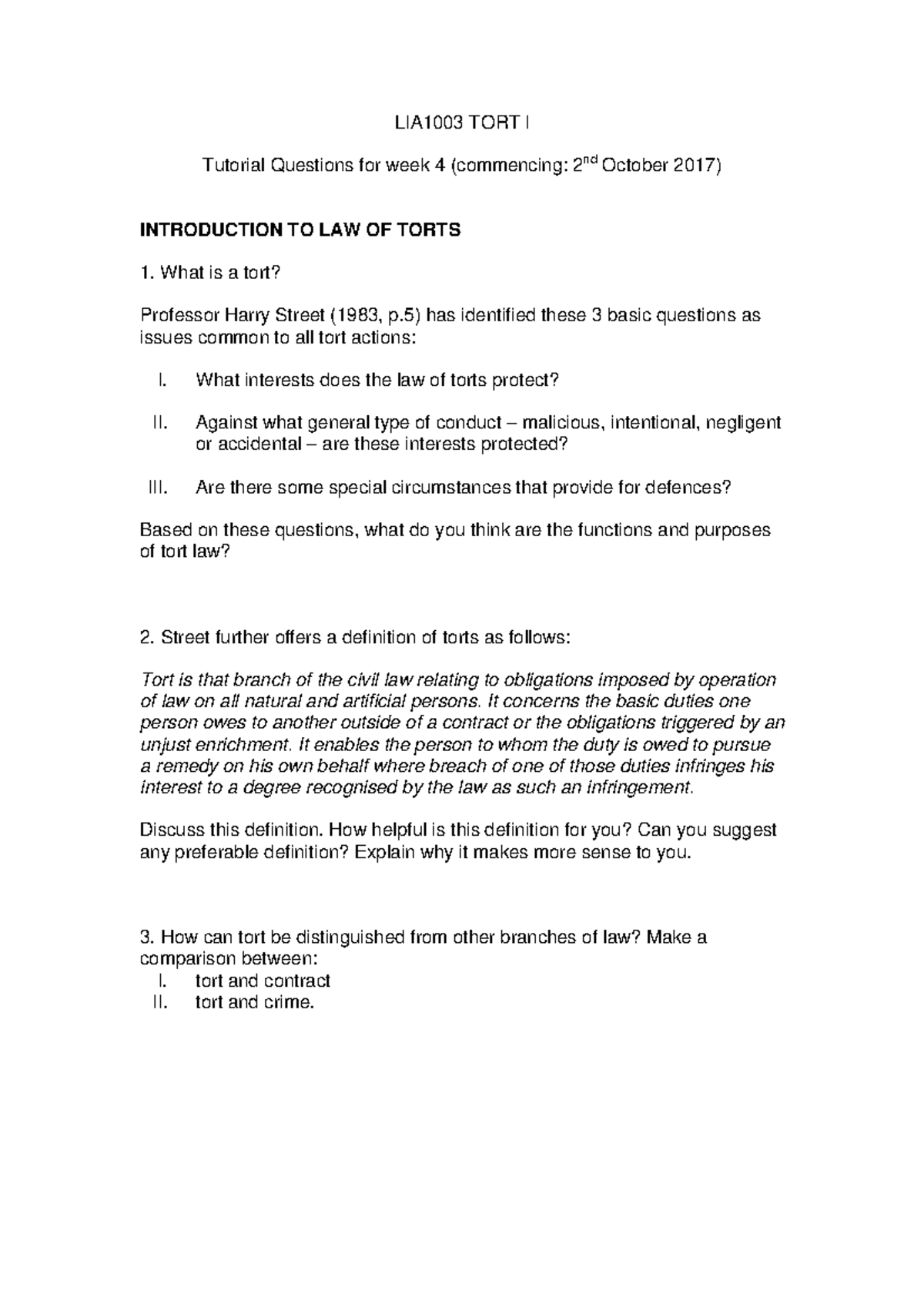 Tort 1 Tutorial 1 - hope this helps - LIA1003 TORT I Tutorial Questions for week 4 (commencing ...