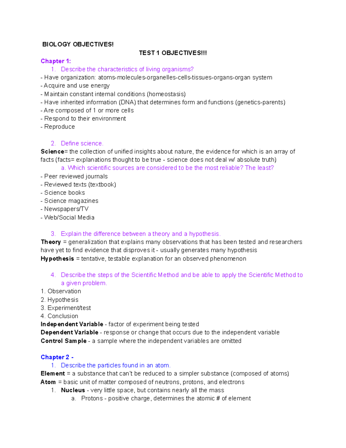 Biology Objectives - BIOLOGY OBJECTIVES! TEST 1 OBJECTIVES!!! Chapter 1 ...