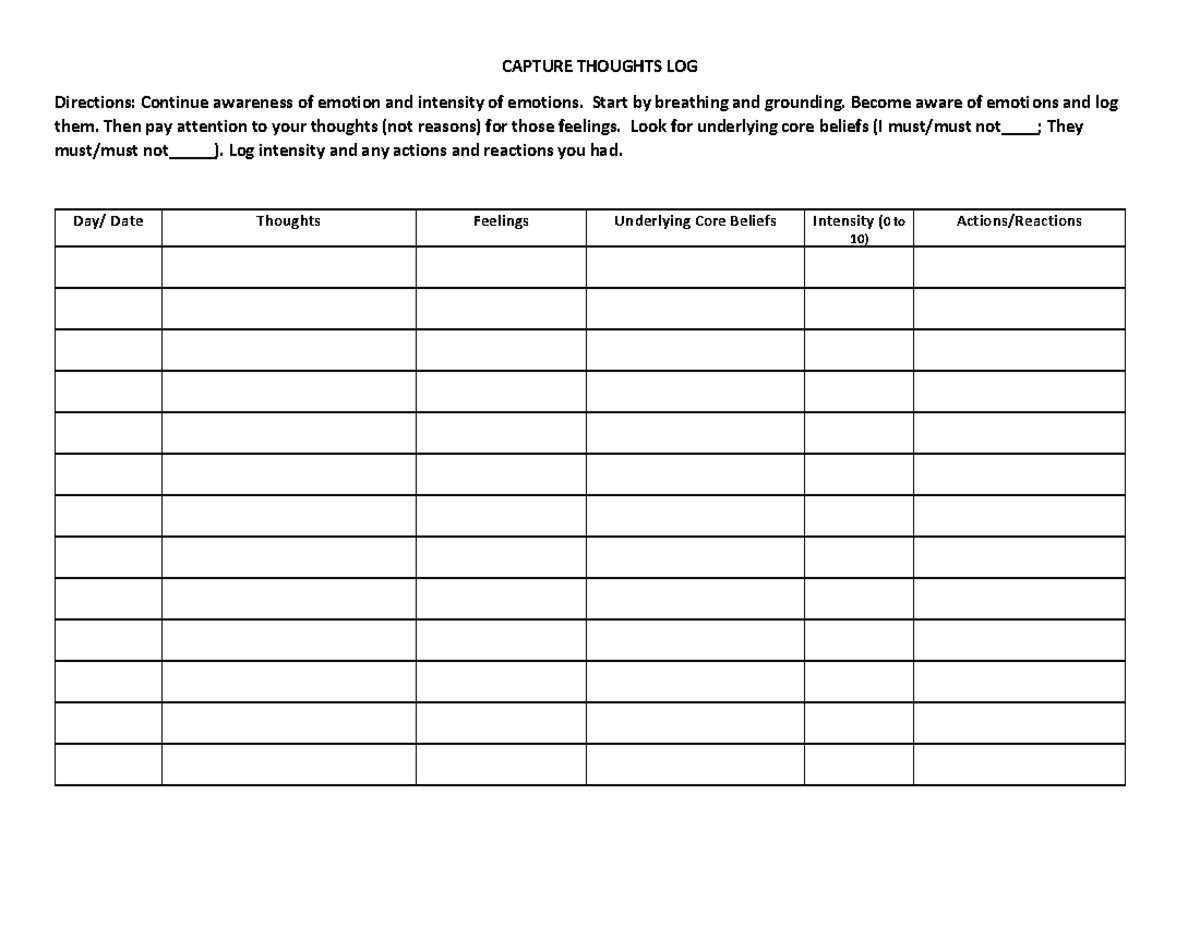 Capture Thoughts-CORE Beliefs LOG - CAPTURE THOUGHTS LOG Directions ...