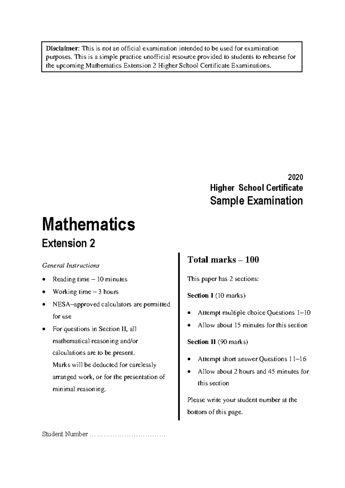 2020 Sample Extension 2 - General Instructions Reading time – 10 ...