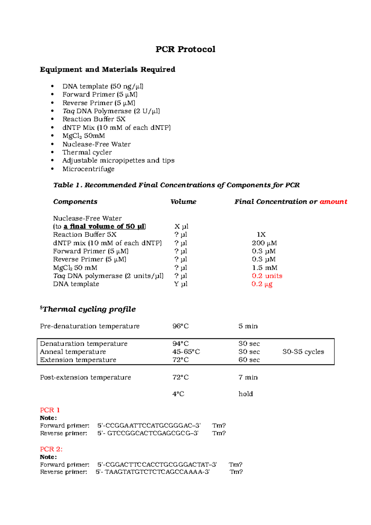 PCR Protocol - Metodica laboratorio - BIOCHIMICA - UNICAL - Studocu