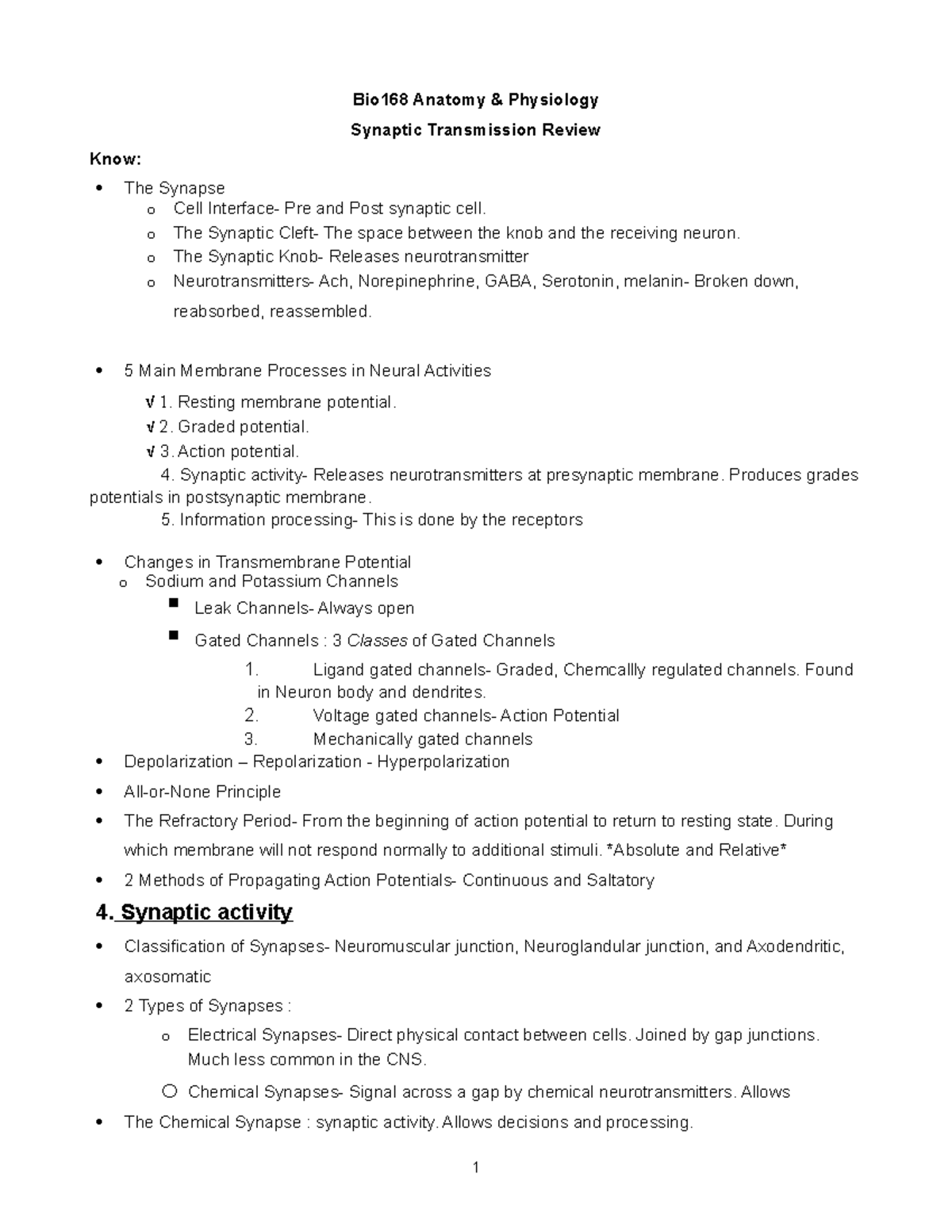 Synaptic transmission study guide - Bio168 Anatomy Physiology Synaptic ...