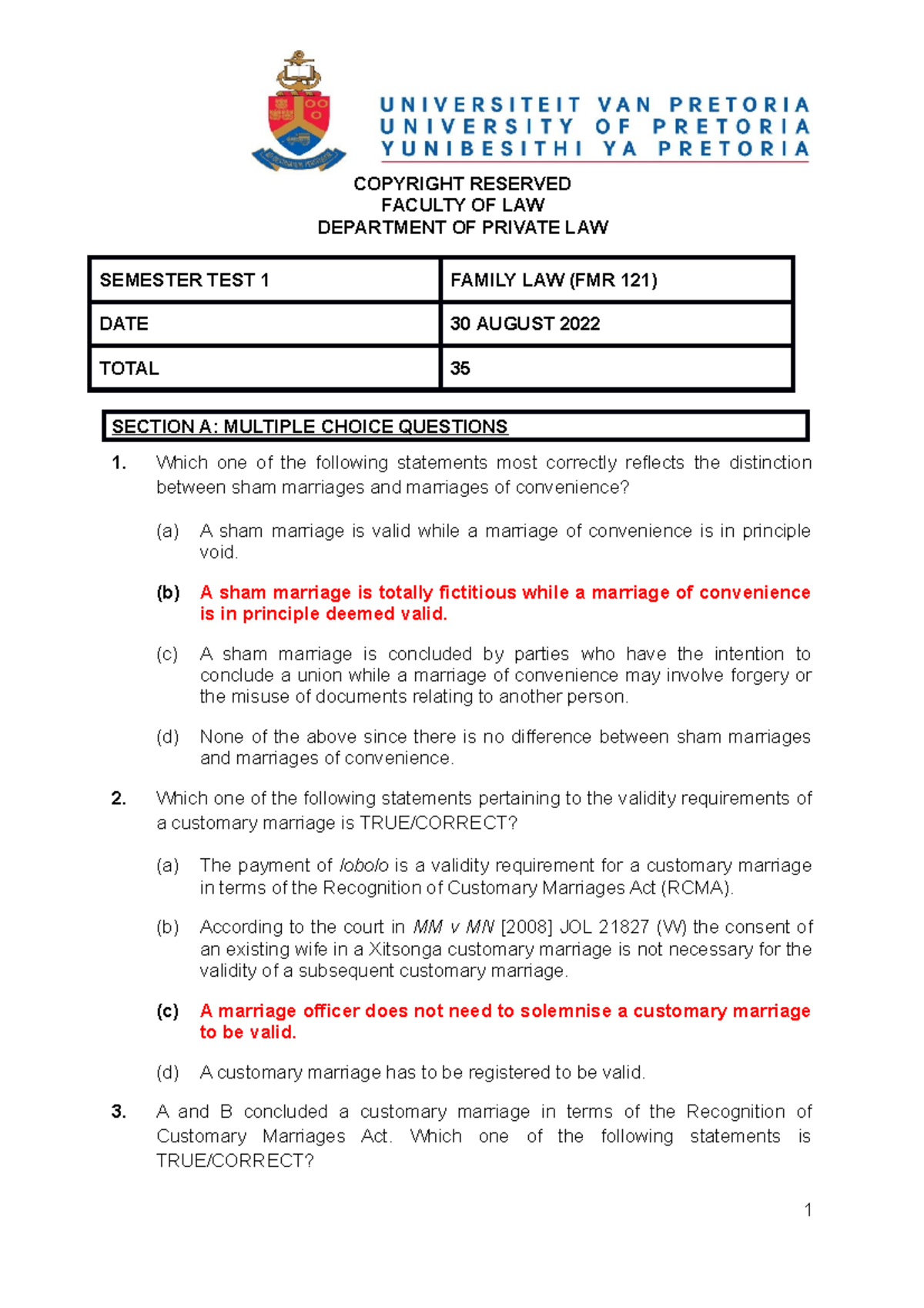 Semester TEST 1 Questions with memo - COPYRIGHT RESERVED FACULTY OF LAW ...