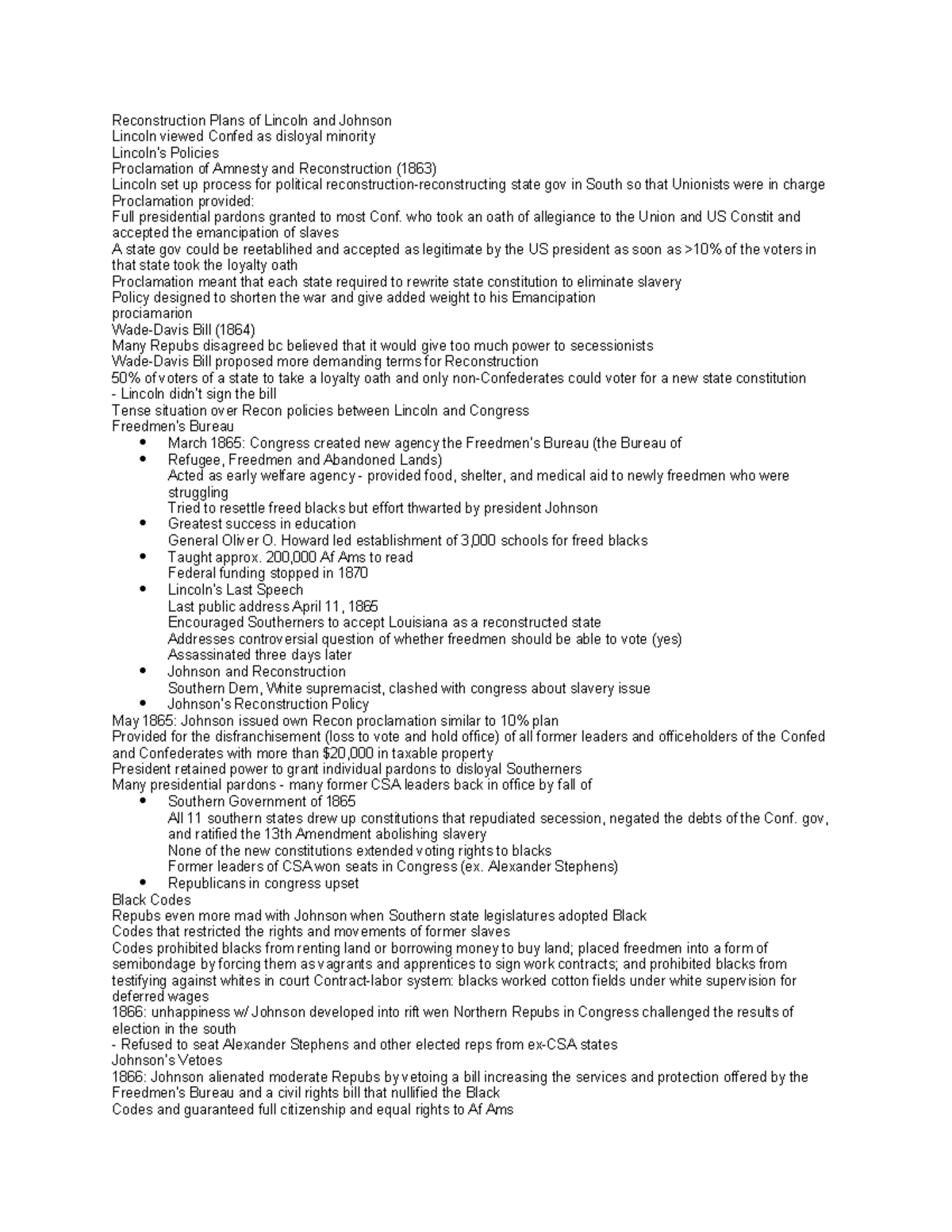 Chapter 15 notes - Reconstruction Plans of Lincoln and Johnson Lincoln ...