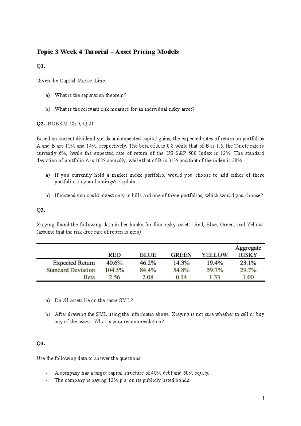 BFC3241 2020 tutorial week 3 - Topic 3 Week 4 Tutorial – Asset Pricing ...