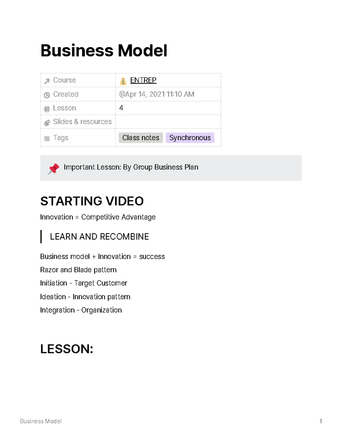 Entrep - Lesson 4 - Business Model ( Notes) - Business Model Course 💰 ...