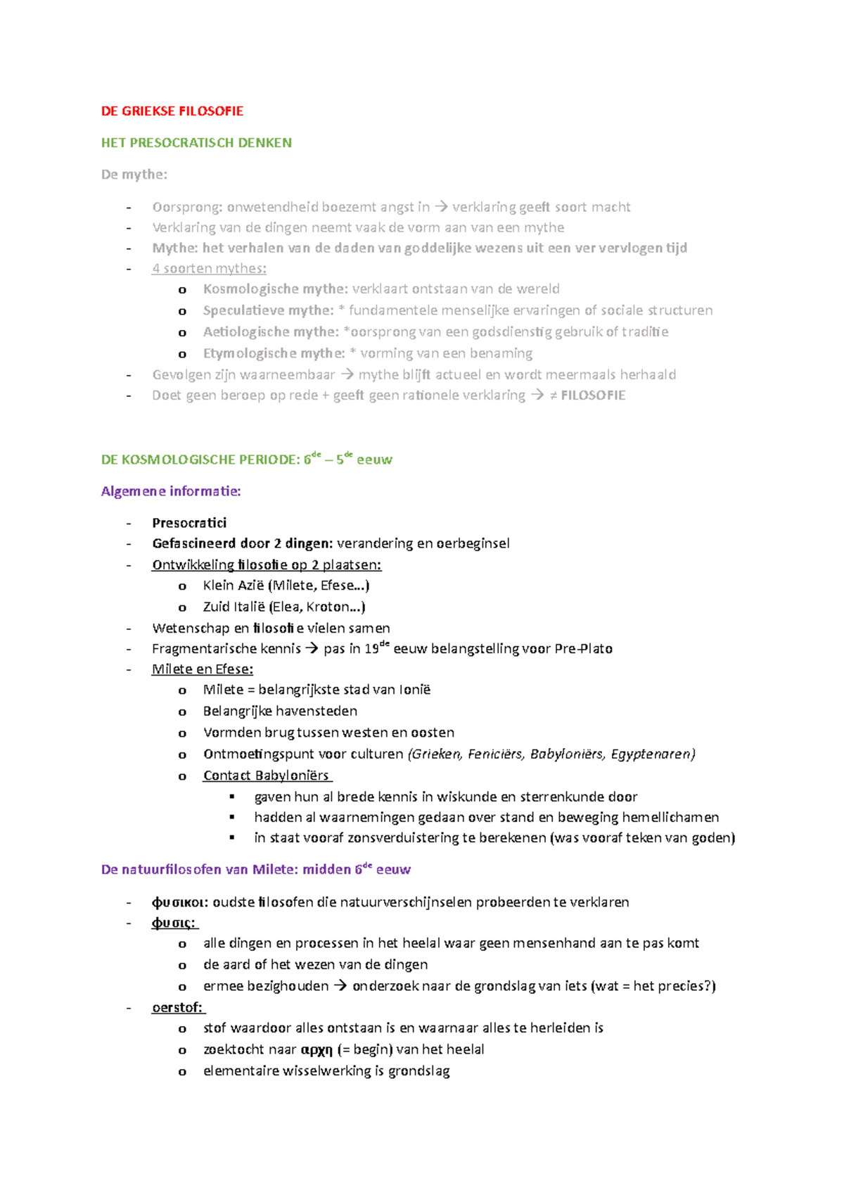 602b juni examen grieks alle leerstof - DE GRIEKSE FILOSOFIE HET PRESOCRATISCH DENKEN De mythe ...