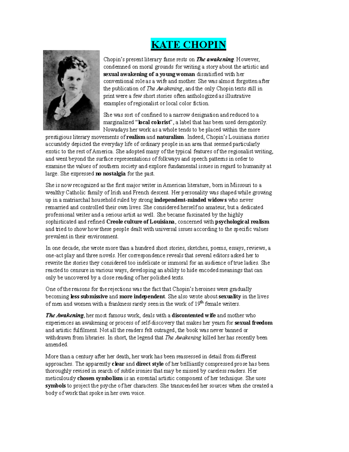 KATE Chopin - Summary and exploratory questions related to the author ...