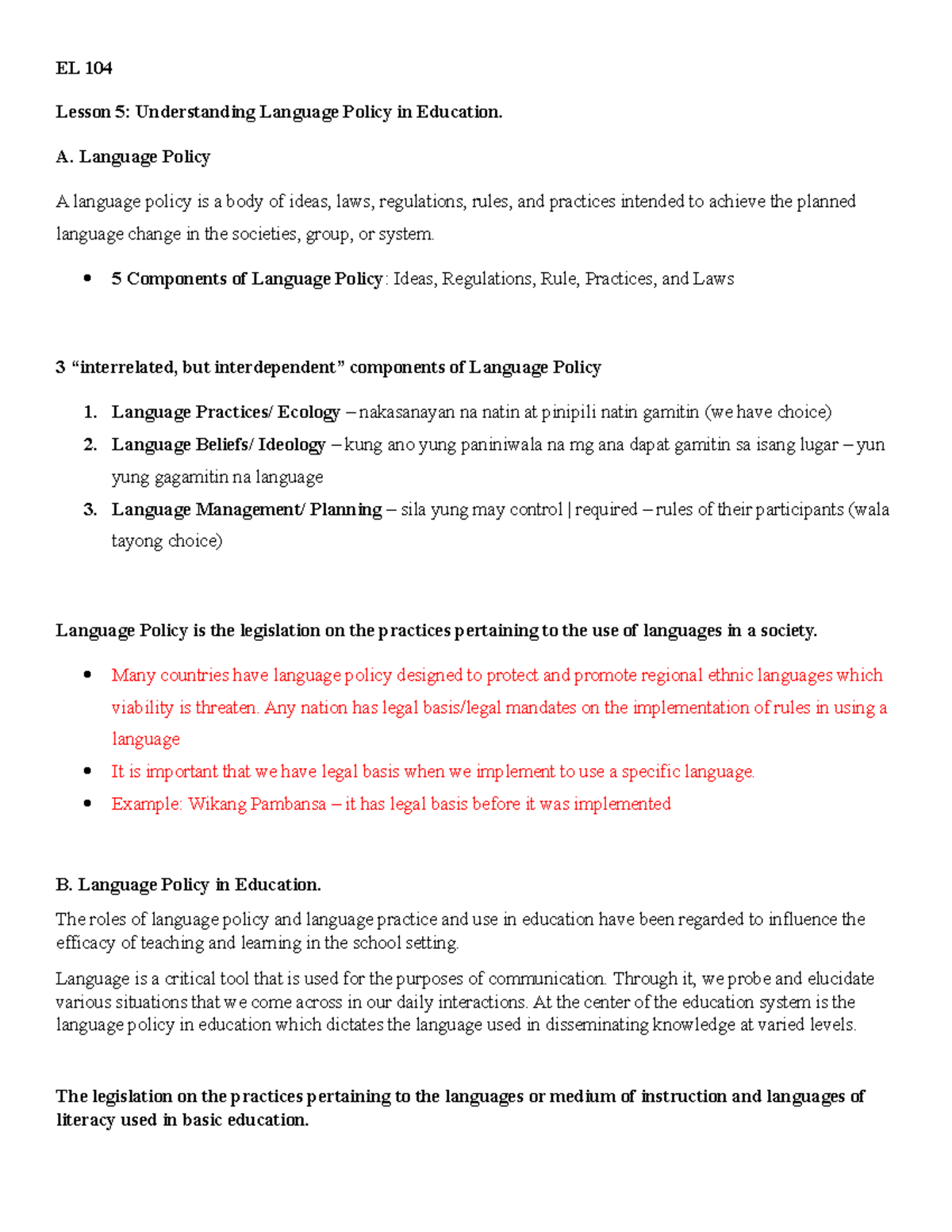 6 EL 104 Understanding Language Policy In Education EL 104 Lesson 5 