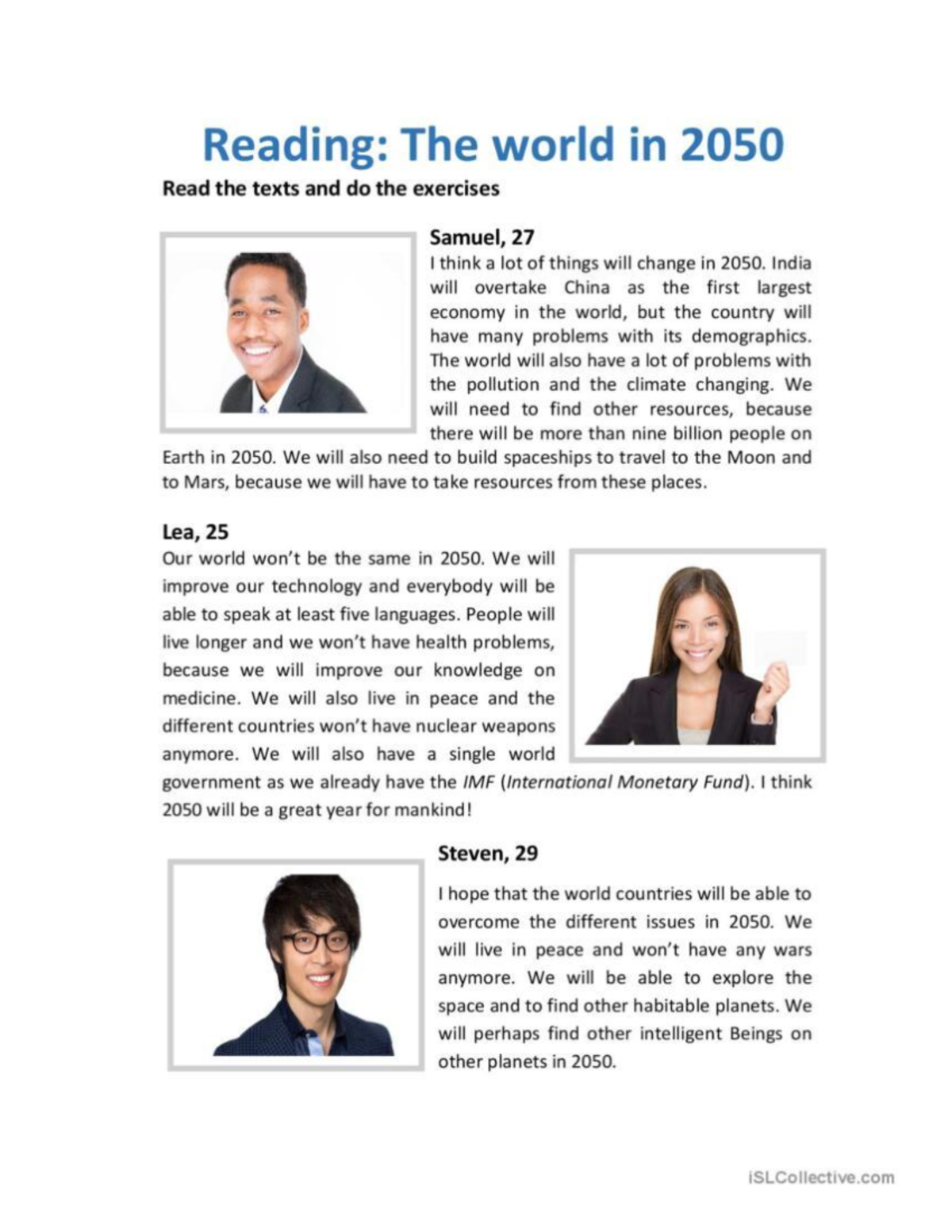 Second conditional reading activity - Reading: The world in 2050 Read ...