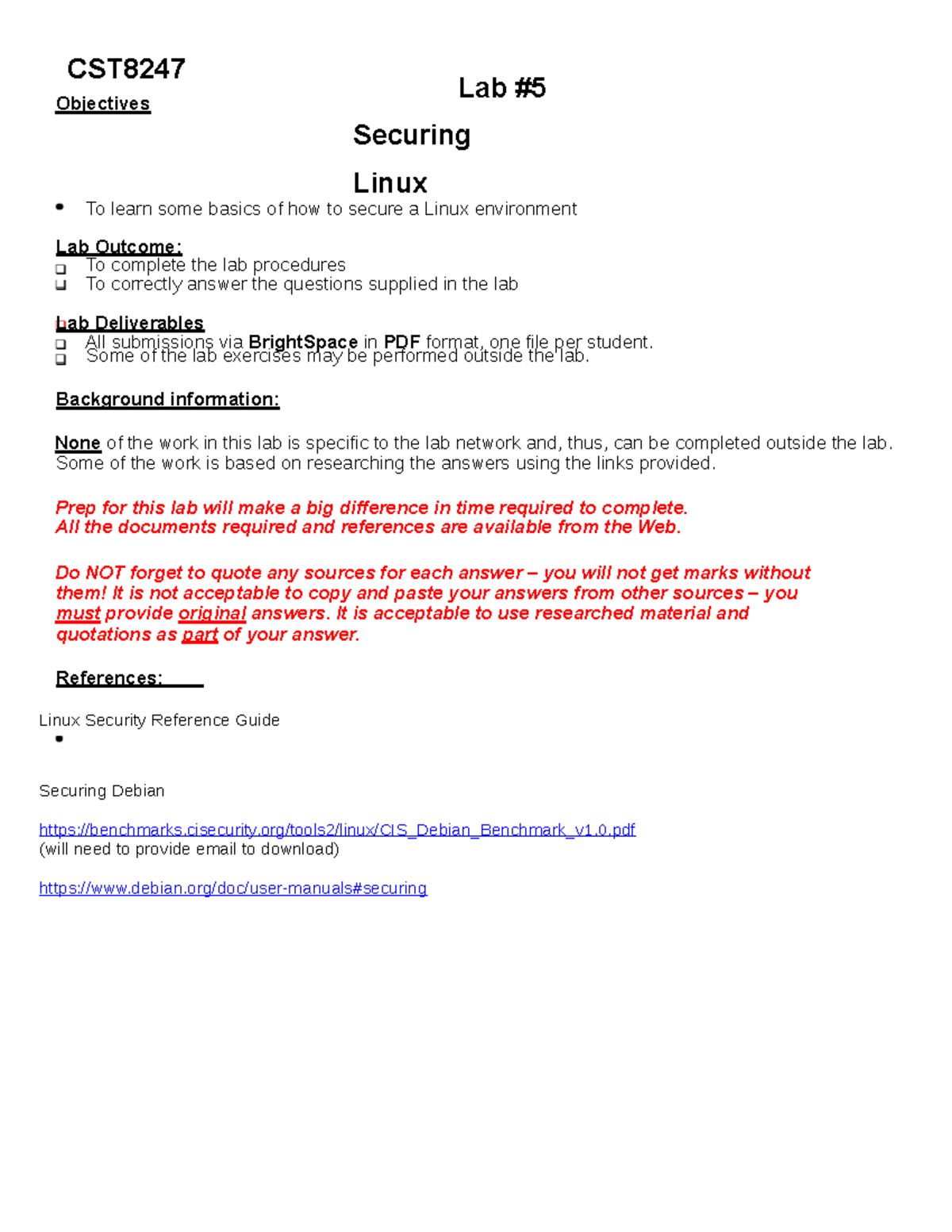 CST8247 Lab5 Securing Linux Revised 1 - CST Objectives Lab Securing Linux To learn some basics ...